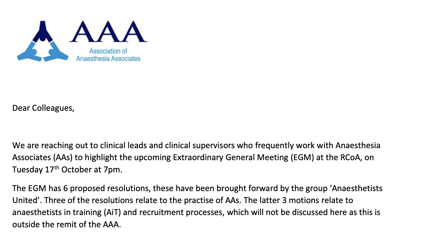 AU response to AAA letter - Anaesthetists United